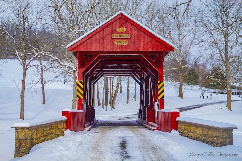 Mingo Creek County Park Straight on View of Ebenezer Bridge With Sunlit ...