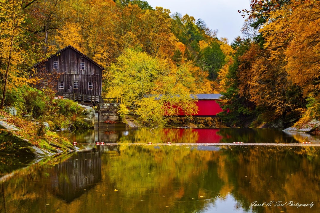 Mcconnells Mill and Covered Bridge With Reflection on Dreary Autumn ...