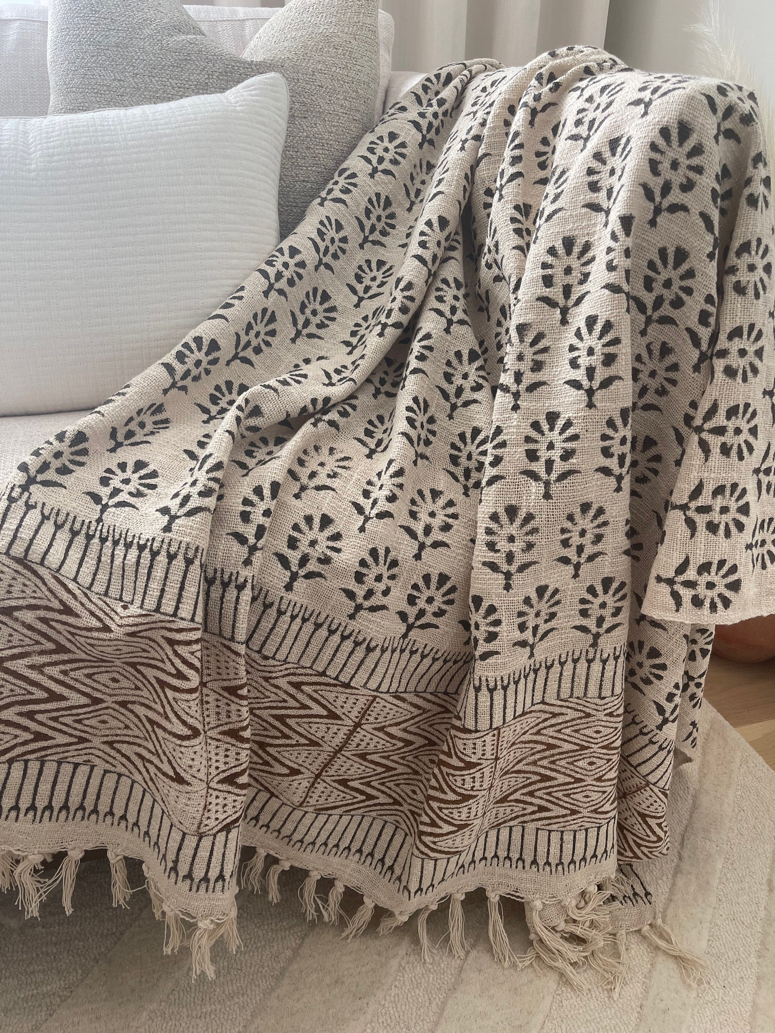 Boho Indian Mud Cloth Throw Blanket With Tassels Hand Loomed Block ...