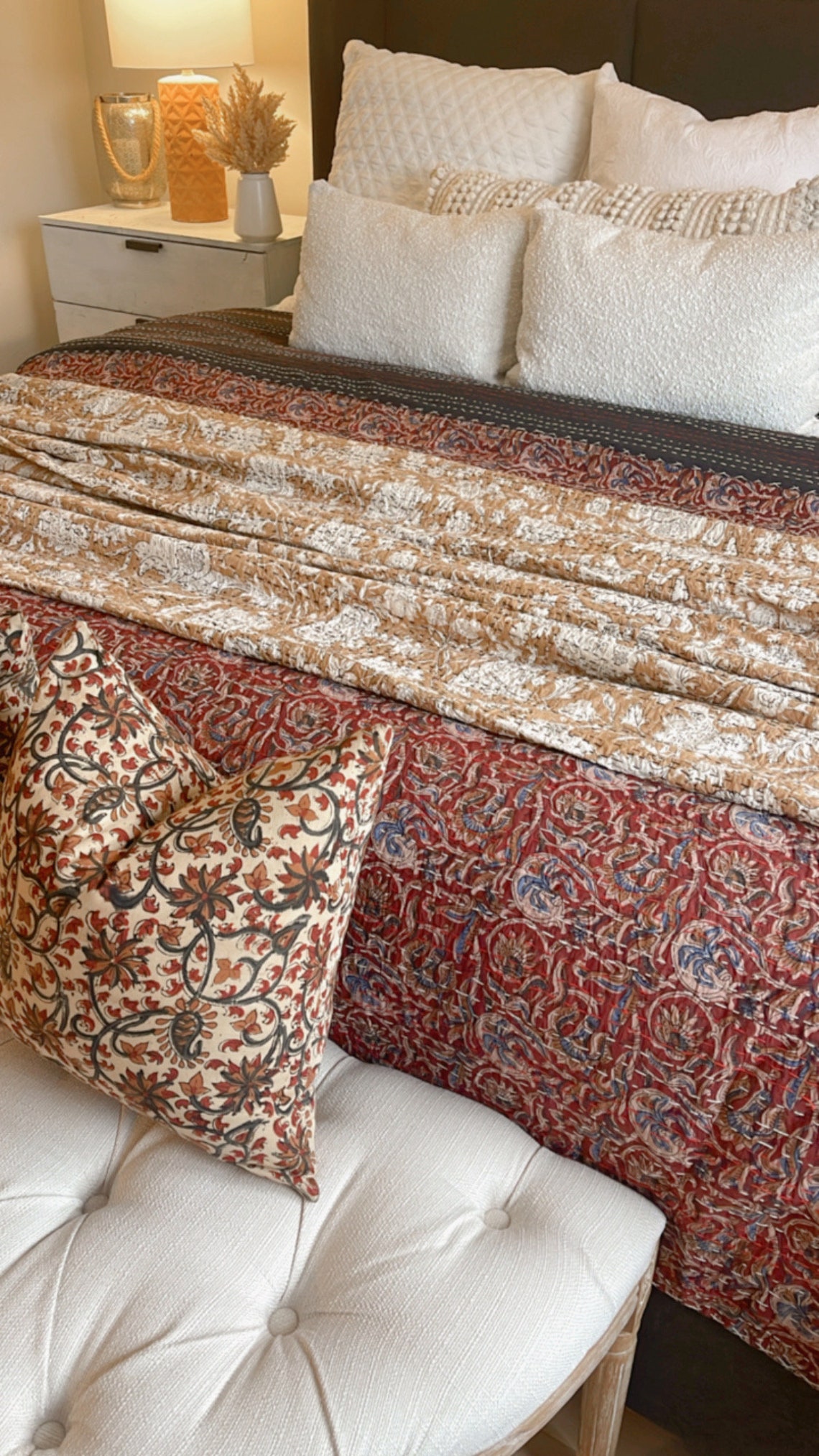 Hand Crafted Cotton Kantha Quilts Burgundy Block Print Throw Blanket ...
