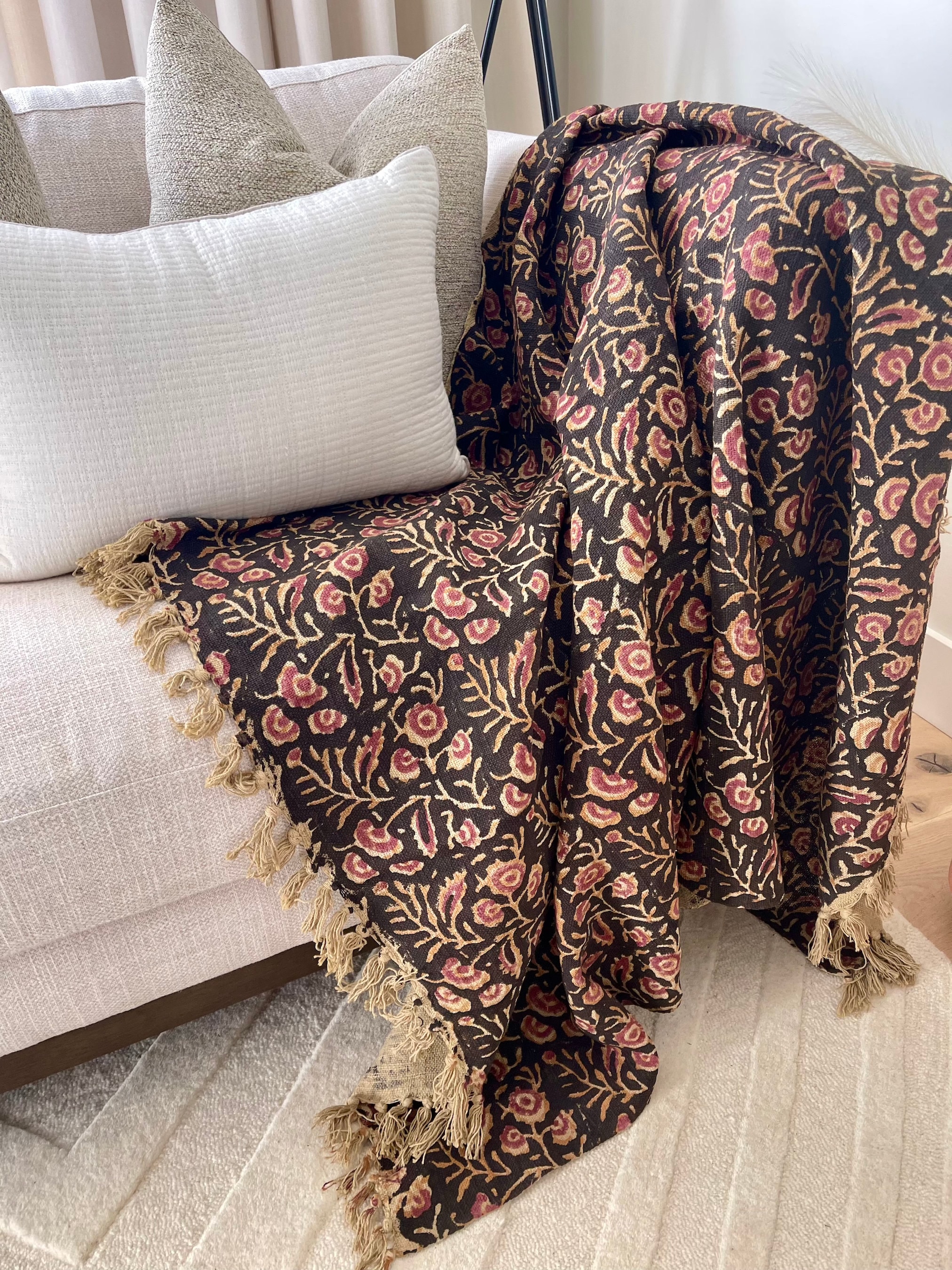 Boho Indian Mud Cloth Throw Blanket With Tassels Hand Loomed Block ...