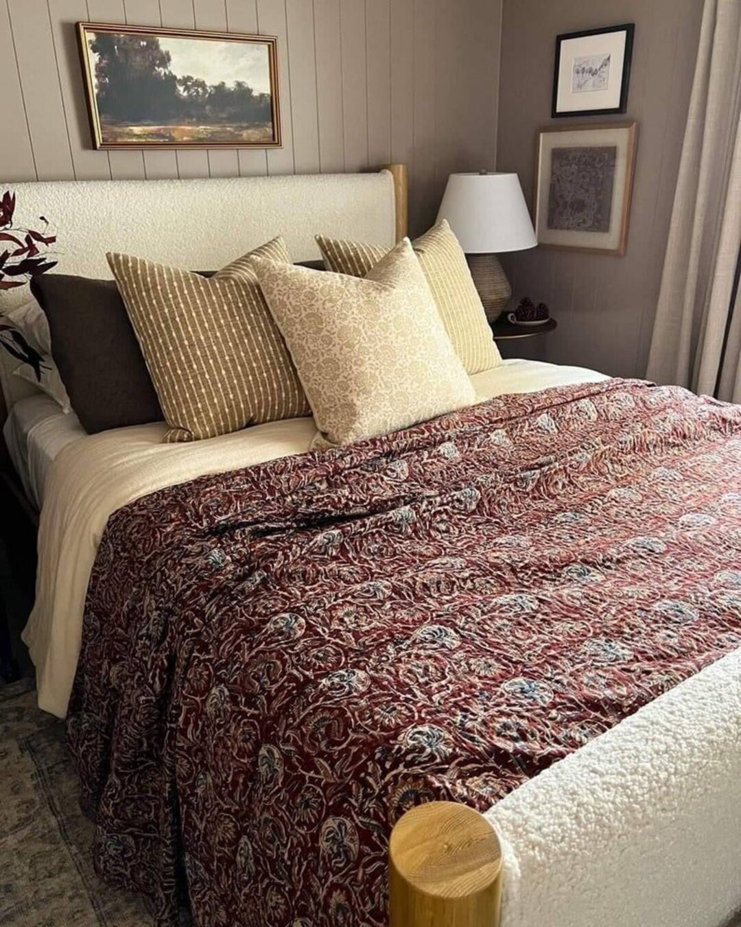 Hand Crafted Cotton Kantha Quilts Burgundy Block Print Throw Blanket ...