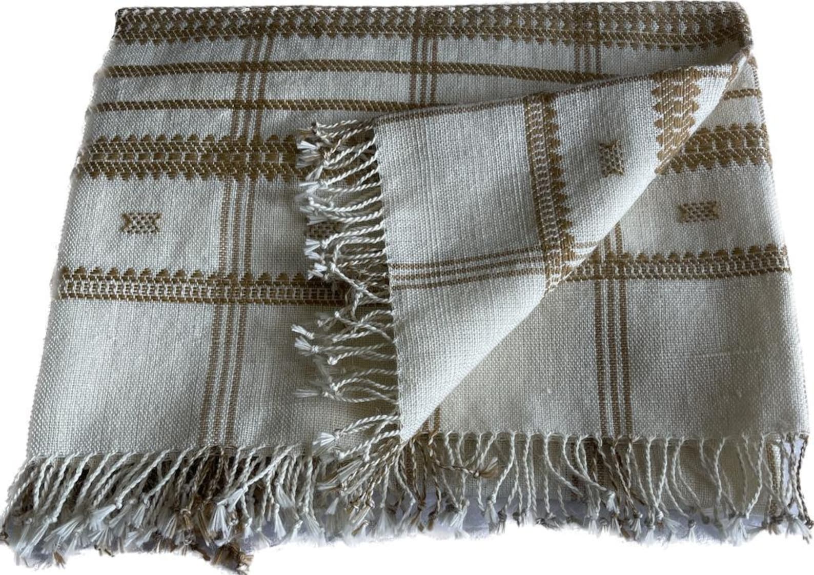 Cream Indian Bhujodi Handmade Wool Throw Rustic Farmhouse Blanket ...