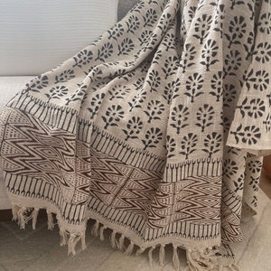 Boho Indian Mud Cloth Throw Blanket With Tassels Hand Loomed Block ...