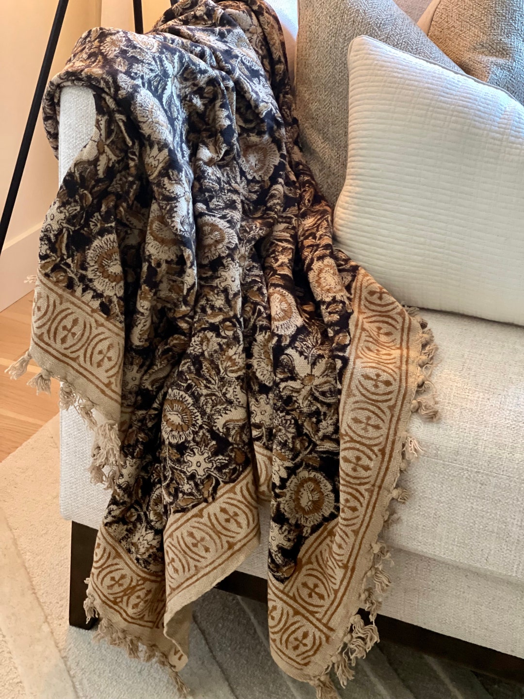 Boho Indian Mud Cloth Throw Blanket With Tassels Hand Loomed Block ...