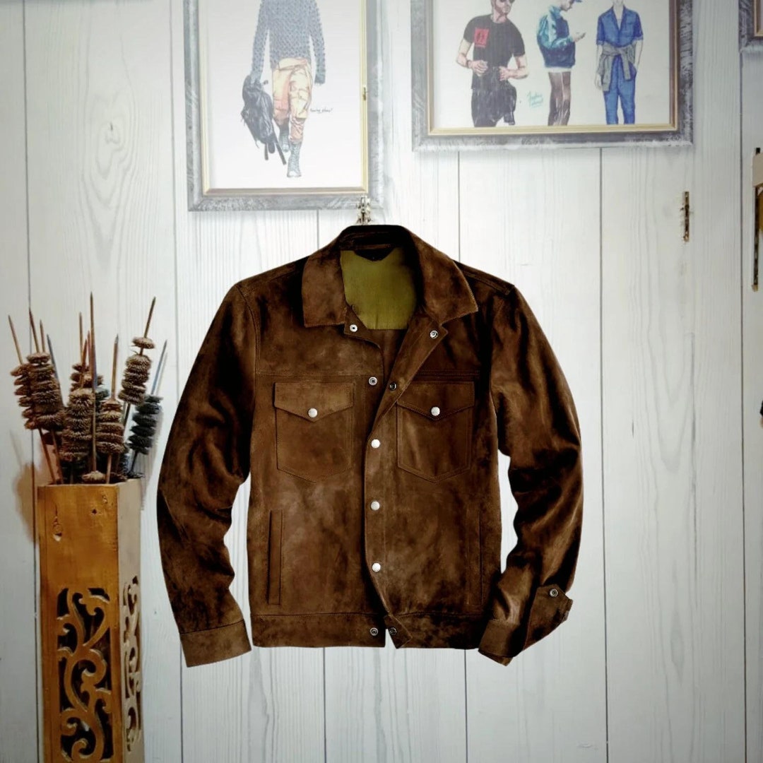 Dark Brown Suede Trucker Jacket Mens - Retro Calf Leather - Etsy