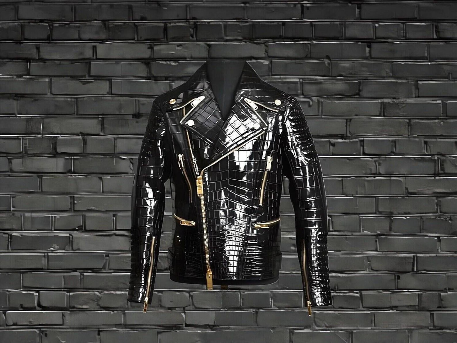 Alligator Jacket Exotic Leather Handmade Biker Coat for Men With Croc Embossed Print & Golden ...