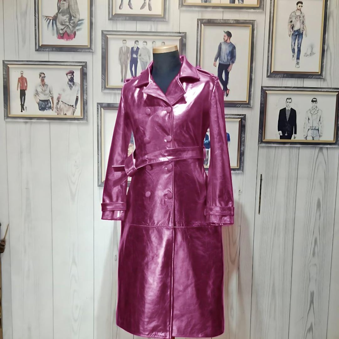 Metallic Pink Leather Trench Coat: Vintage-inspired Belted Long Coat - Etsy