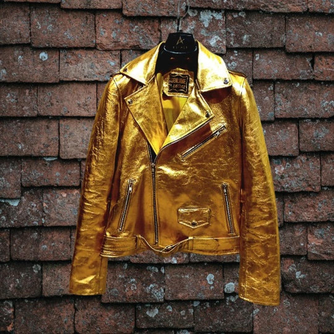Gold Metallic Leather Jacket Shiny Moto Biker Jacket for Women & Men ...