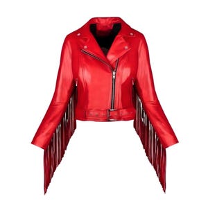 Red Leather Fringe Biker Jacket: Women's Fitted Outerwear - Etsy
