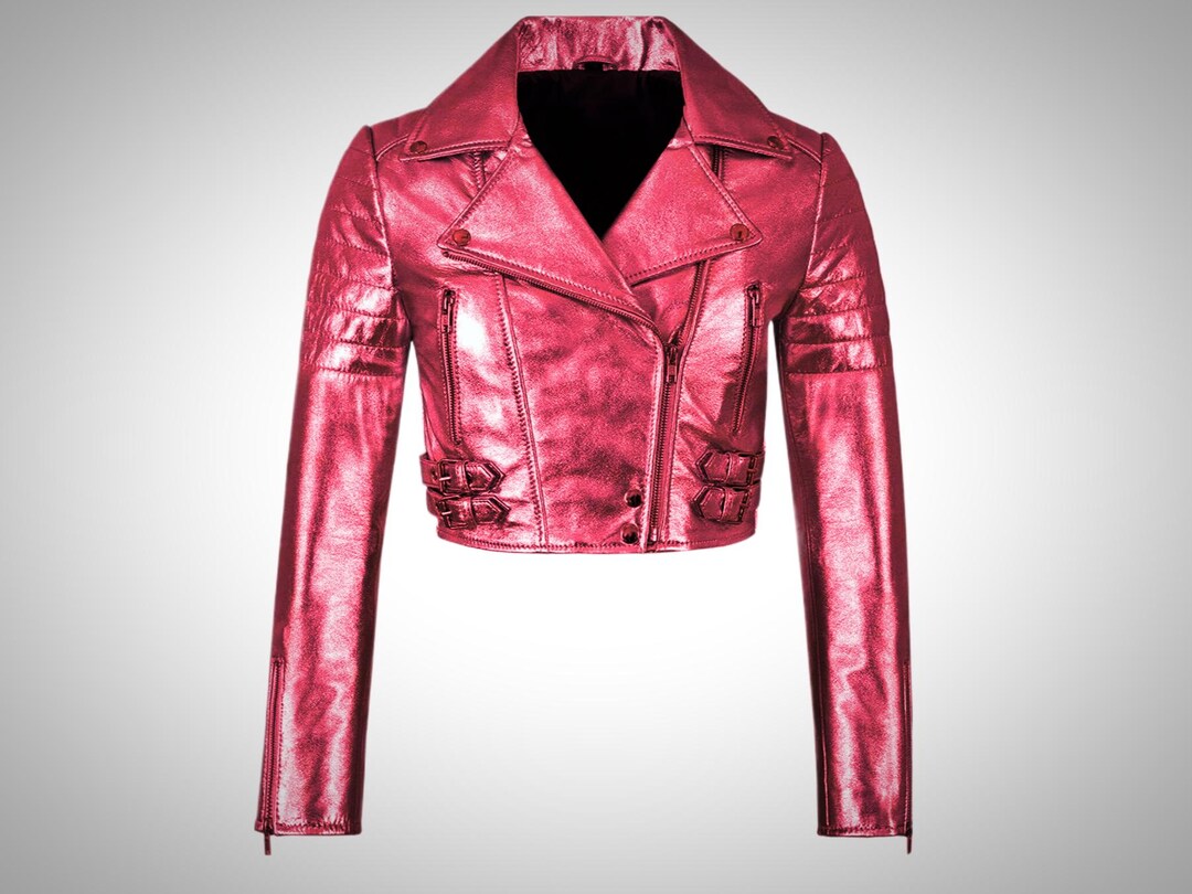 Womens Red Metallic Crop Jacket Chic Leather Trendy Fashion Biker Style ...
