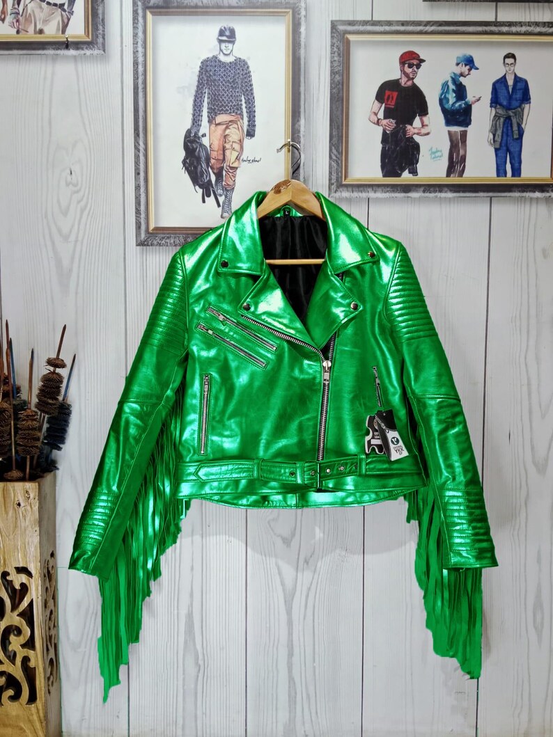 Womens Metallic Silver Fringe Jacket – Real Leather Moto Belted Coat ...