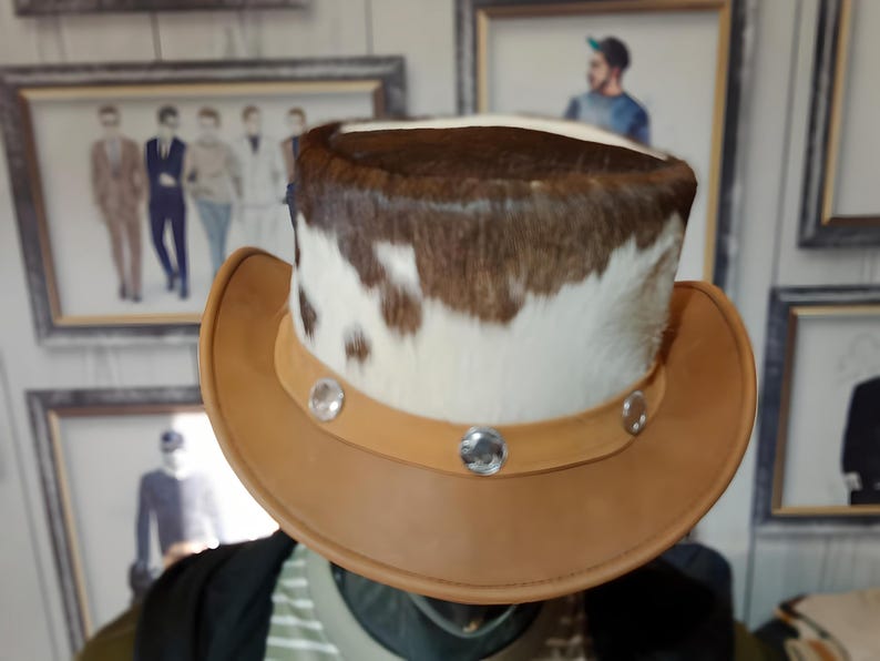 Unique Cowhide Leather Top Hat Handcrafted Western Steampunk Headwear ...
