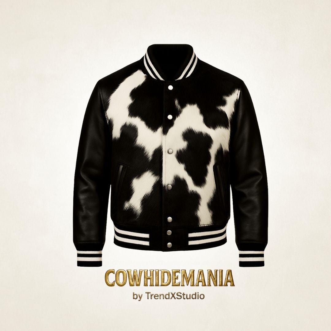 Black & White Cowhide Varsity Jacket – Hair-on Leather Bomber Black ...