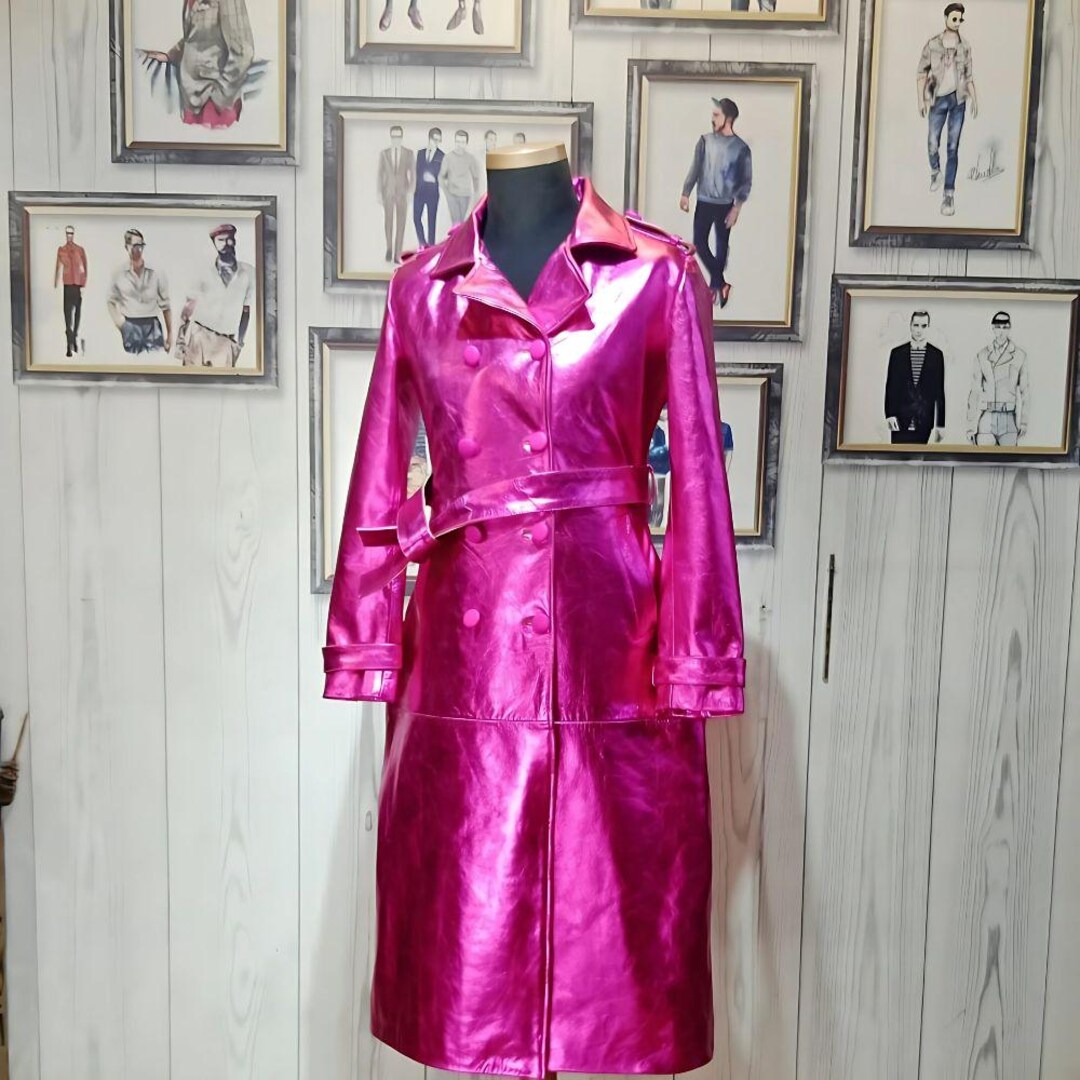 Metallic Leather Fuchsia Trench Coat Women's - Vintage-inspired Double ...