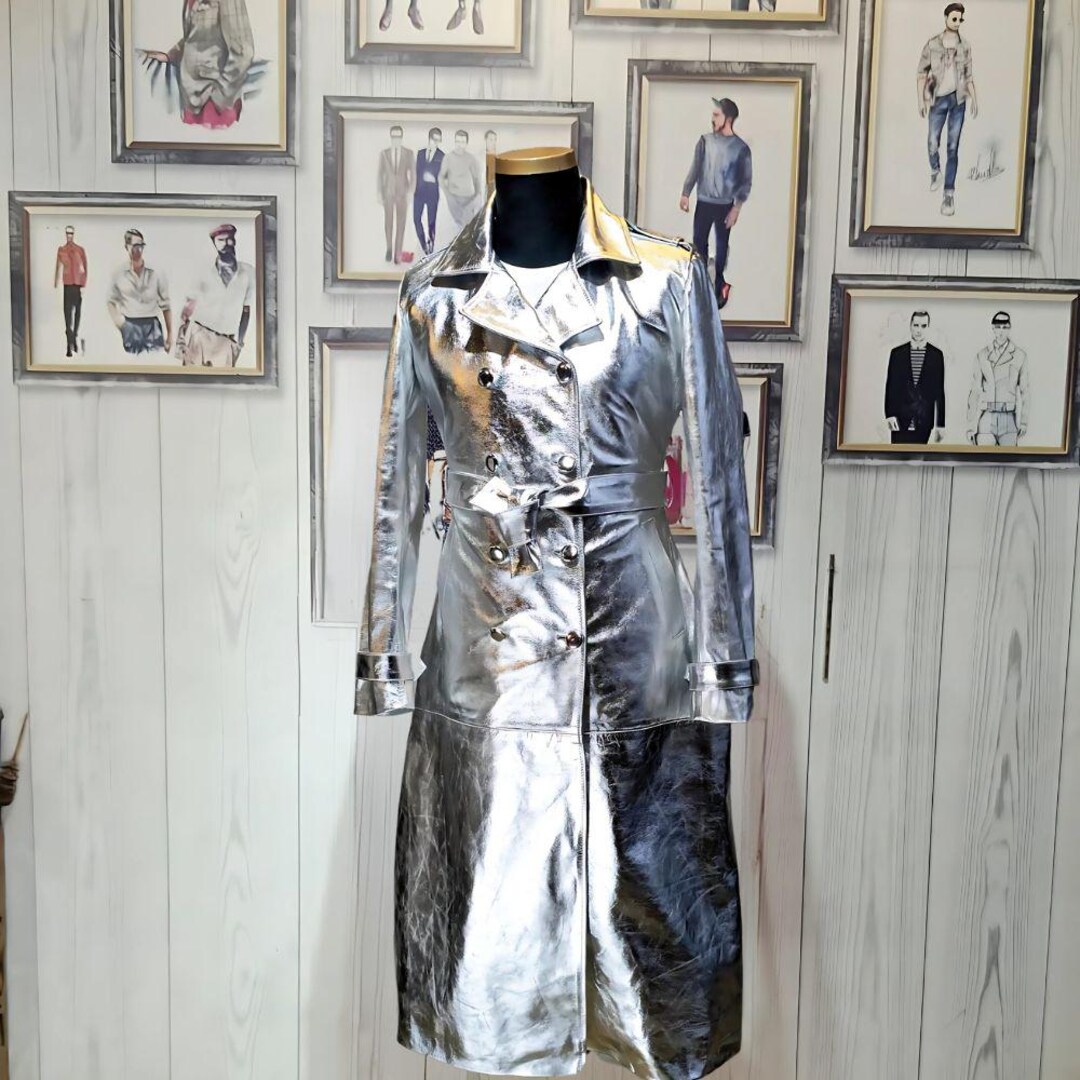 Metallic Silver Leather Trench Coat Women's – Vintage-inspired Double ...