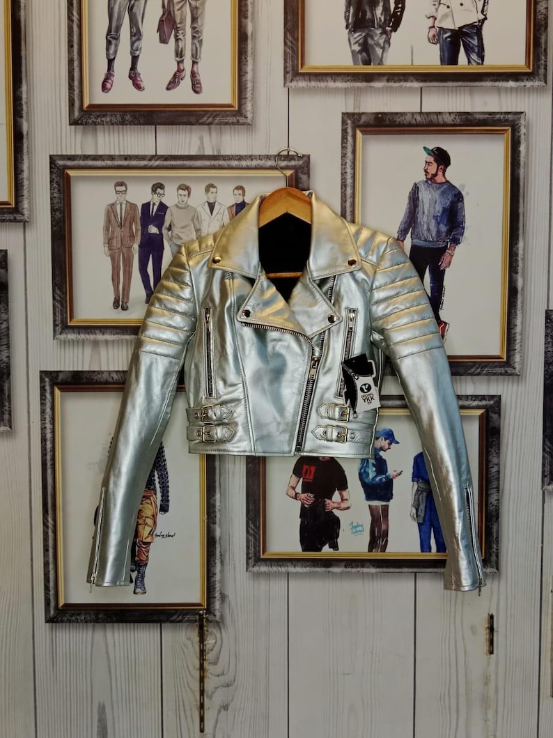 Women’s Silver Metallic Cropped Jacket – Real Leather Fitted Moto Style ...