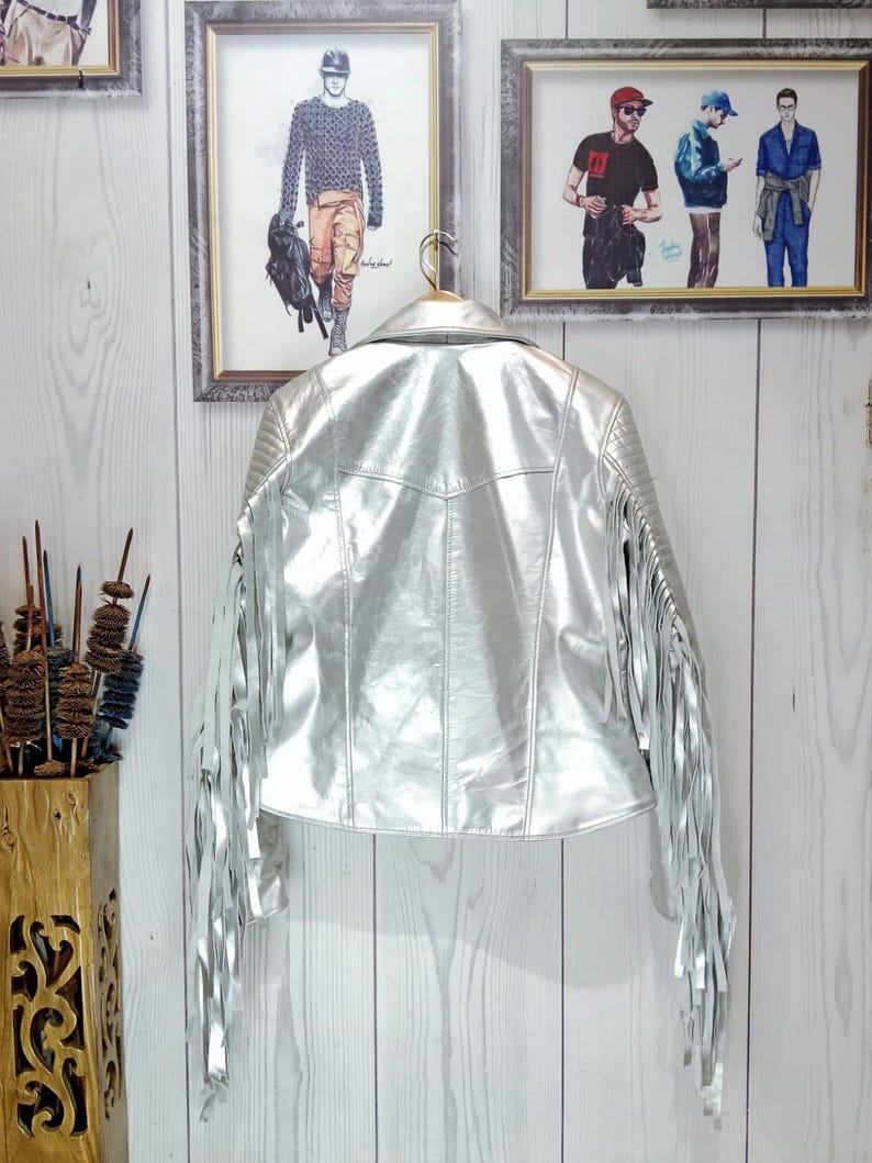 Womens Metallic Silver Fringe Jacket – Real Leather Moto Belted Coat ...