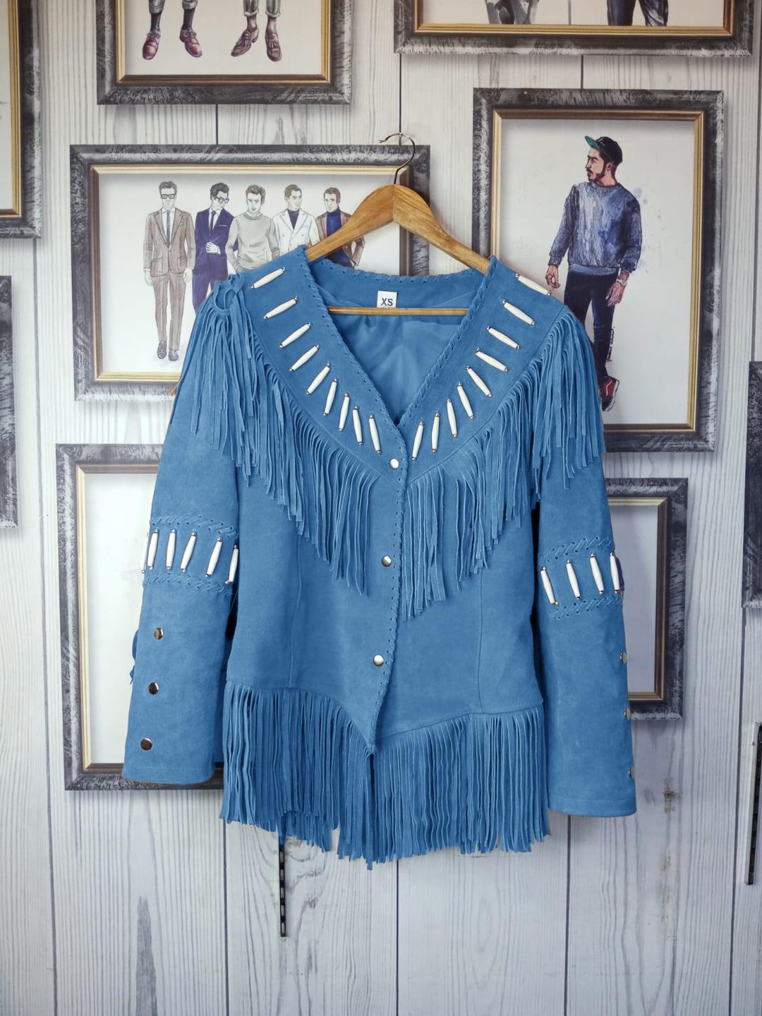 Handmade Light Blue Suede Fringe Jacket: Western Boho Bone Bead Leather ...