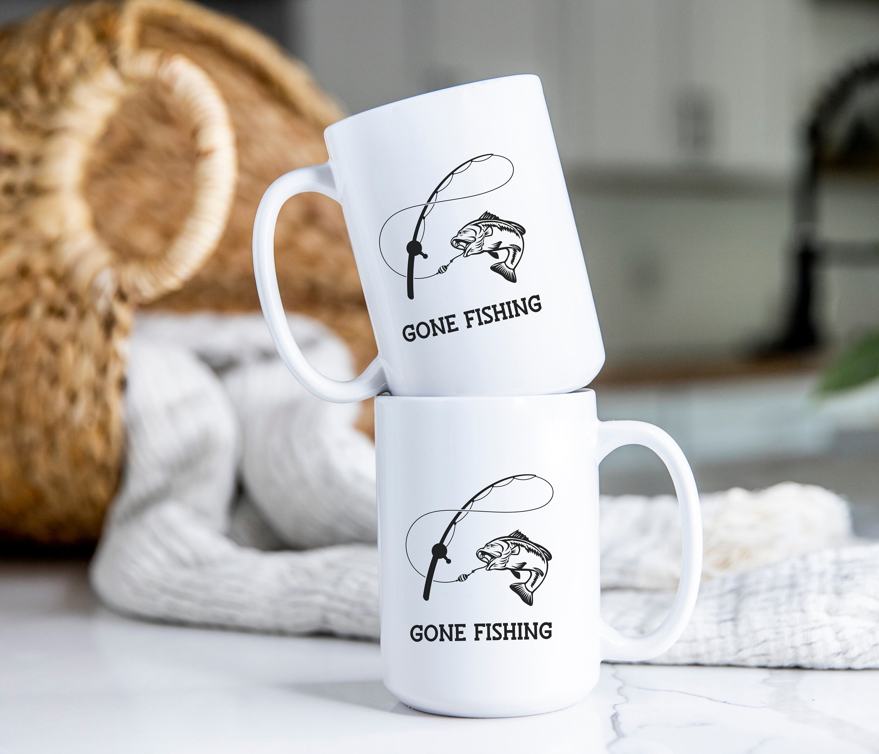 Gone Fishing Graphic Ceramic Mug, Simple Fisherman White Coffee Cup ...