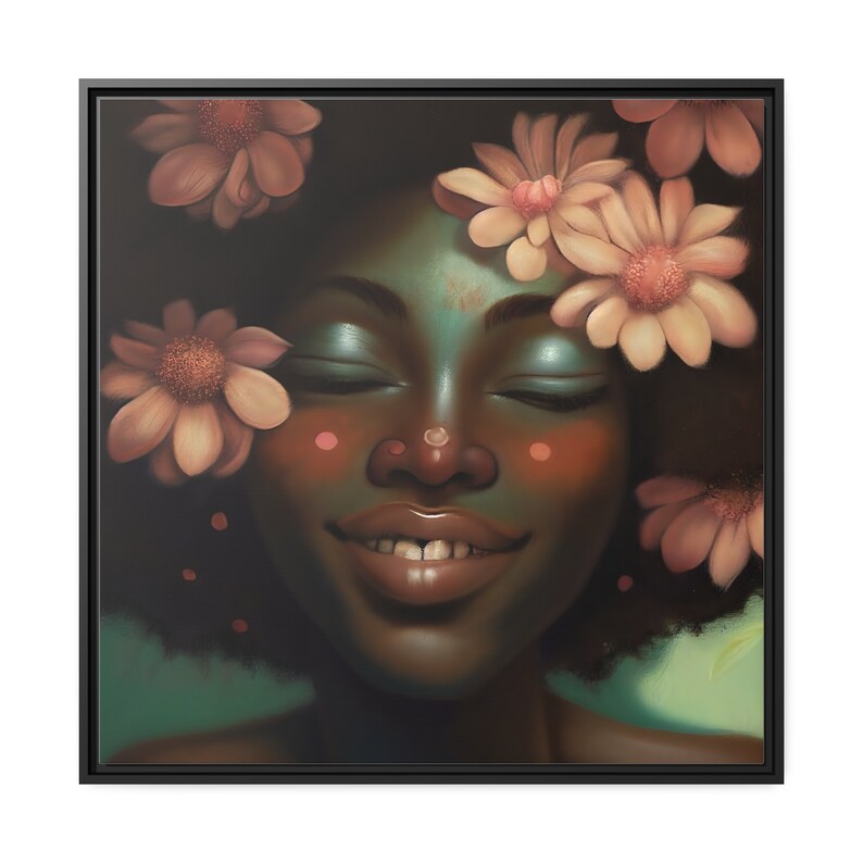 Happy Black Female Face With Japanese Flowers Printable Square Wall ...