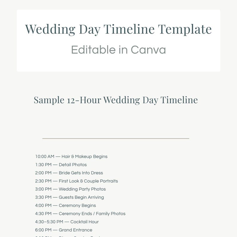 Wedding Day Timeline Template | Editable Canva Schedule | 12 & 14 Hour ...
