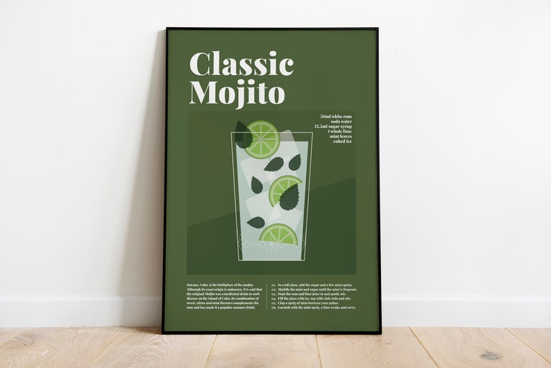 Mojito Full Colour Cocktail Poster, Cocktail Recipe Poster, Cocktail ...