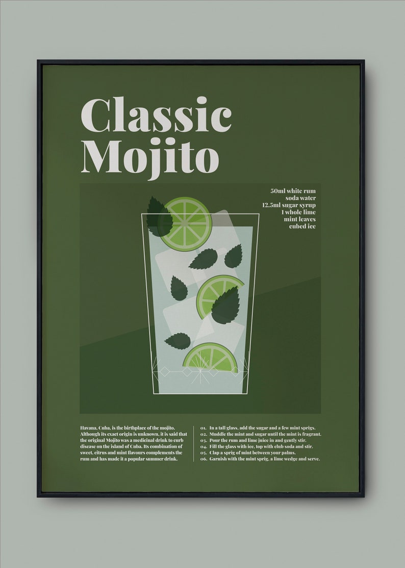 Mojito Full Colour Cocktail Poster, Cocktail Recipe Poster, Cocktail ...