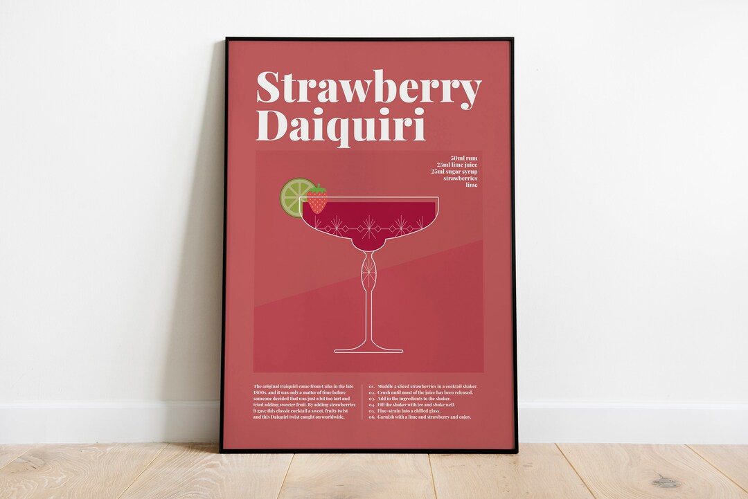 Strawberry Daiquiri Full Colour Cocktail Poster, Cocktail Recipe Poster ...