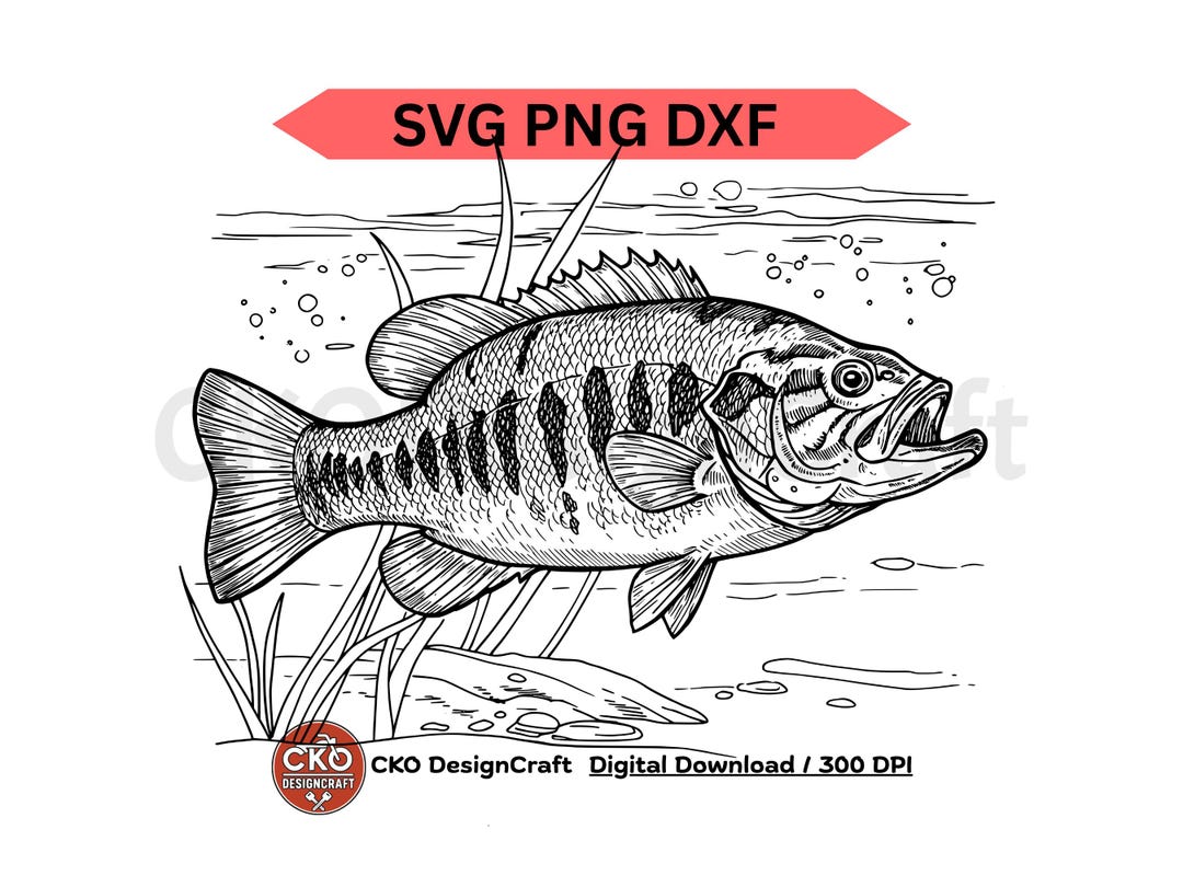 Largemouth Bass SVG PNG DXF Files Realistic Detailed Digital Download ...