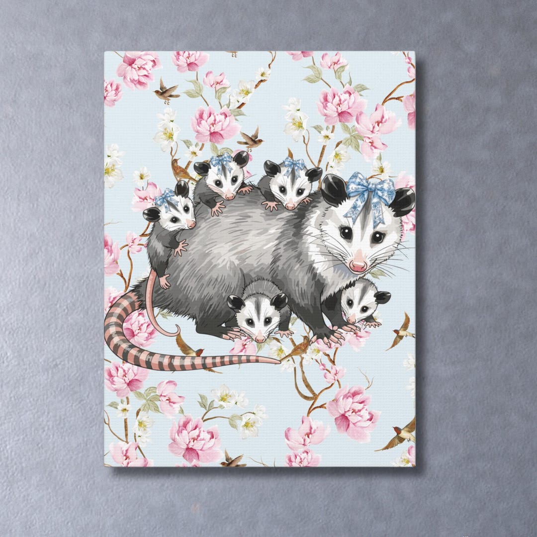 Opossum With Babies Bows Wall Art, Possum Lover Gift, Chinoiserie Home ...