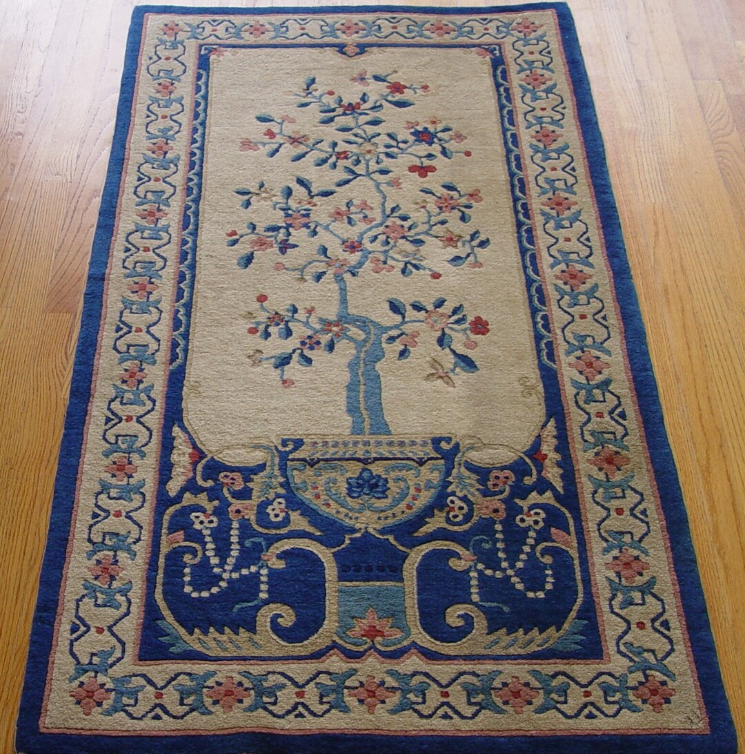 Antique 1900s Peking Chinese Hand Knotted Wool Tree & Vase Oriental Rug ...
