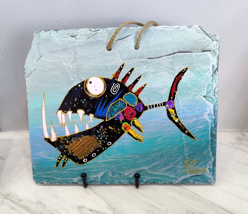 Mixed Media Original Painting on a Natural Slate liquid Fish - Etsy