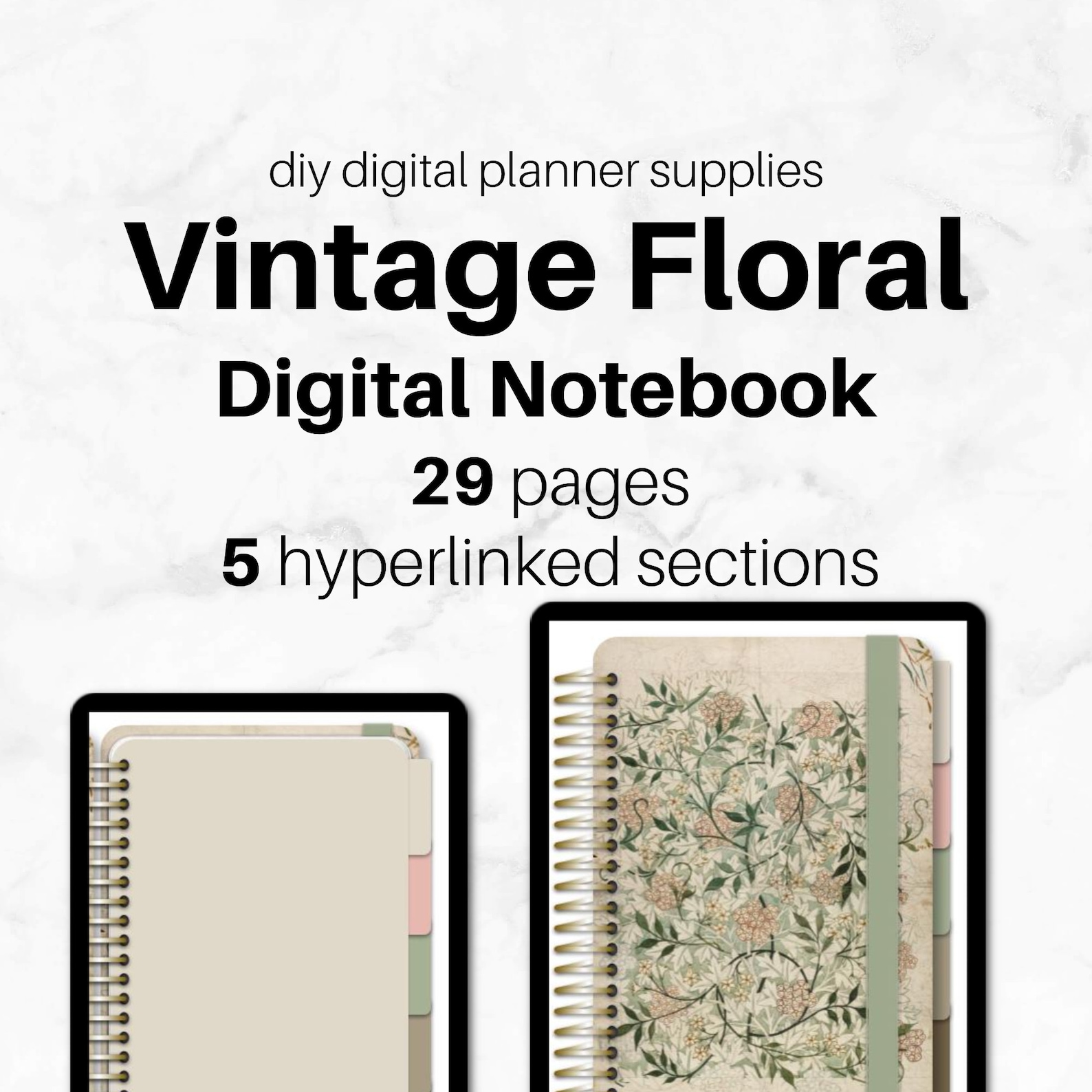 VINTAGE FLORAL Digital Notebook Hyperlinked PDF 5 Sections Simple ...