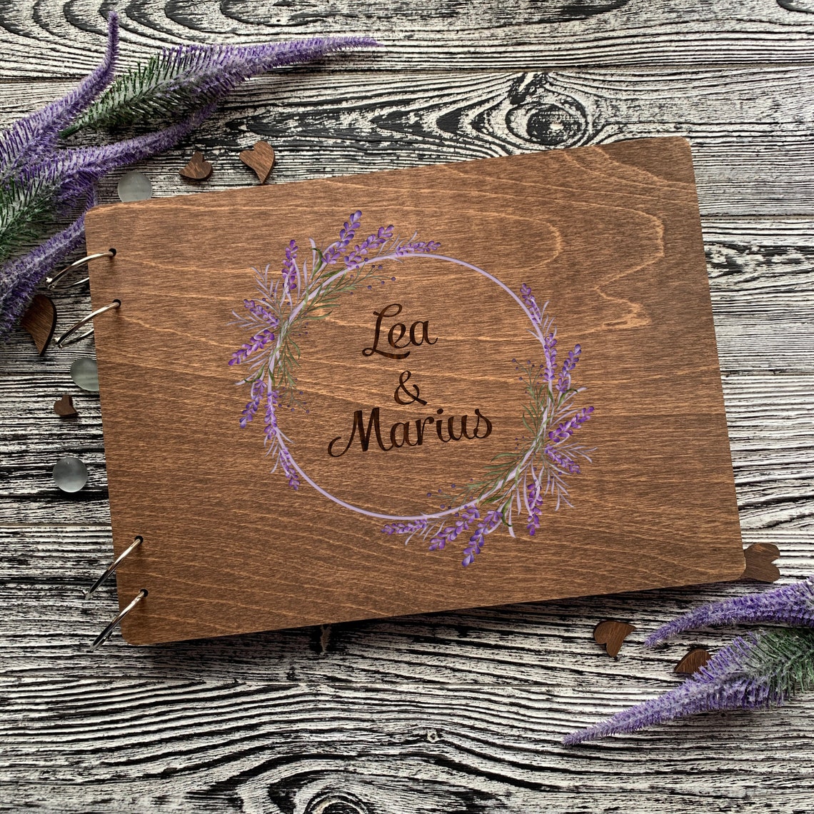 Purple Lavender Wedding Guest Book Custom Wildflowers Wood Photo Book ...
