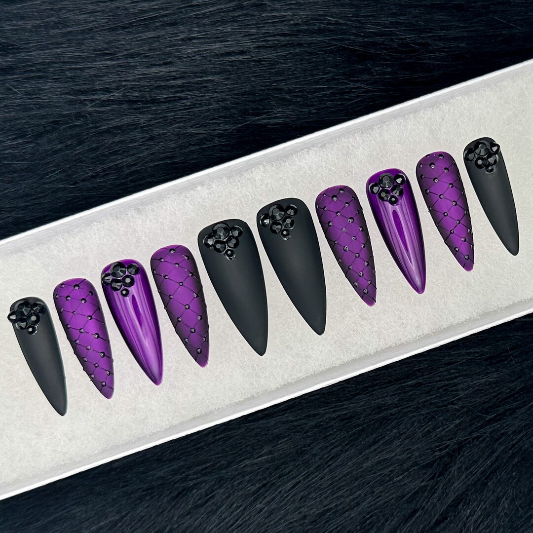 Dark Purple Gothic Press on Nails | Custom Shape / Size Matte Black Glue on Nails | Edgy ...