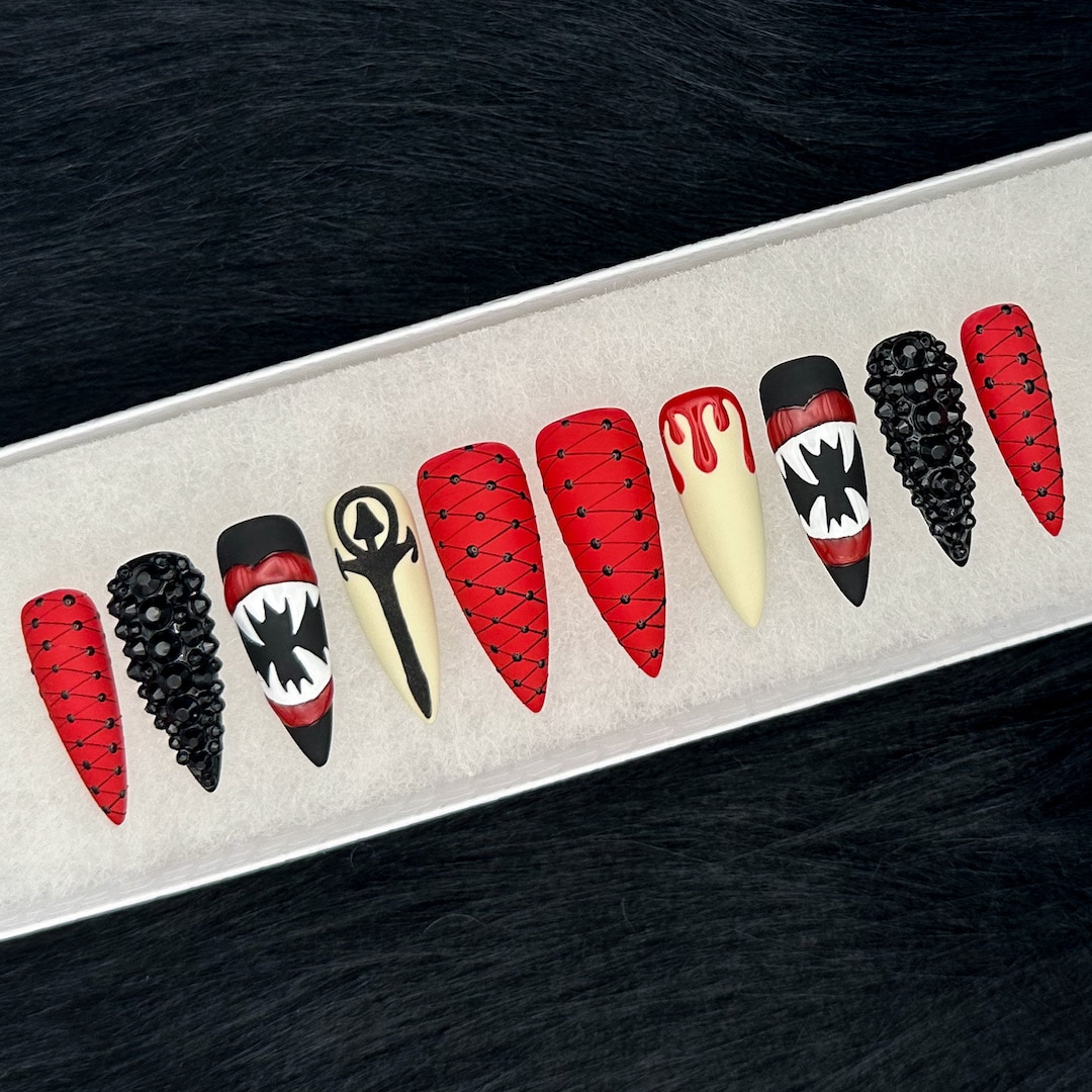 Halloween Vampire Fangs Press on Nails | Black Ankh, Rhinestone ...