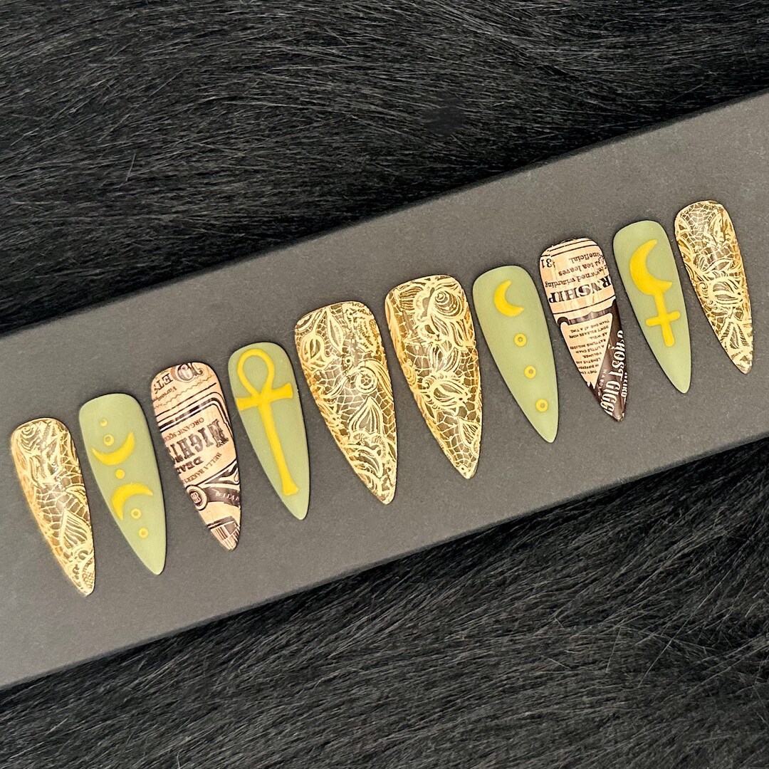 Vintage Style Witch Press on Nails Custom Shape / Size Sage Green and ...