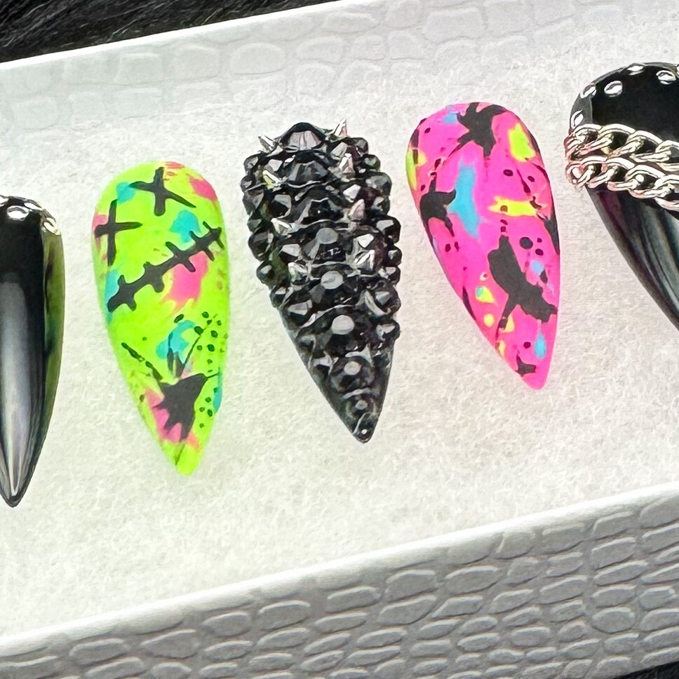 Punk Paint Splatter Press on Nails: Silver Studded Chain Nails - Etsy