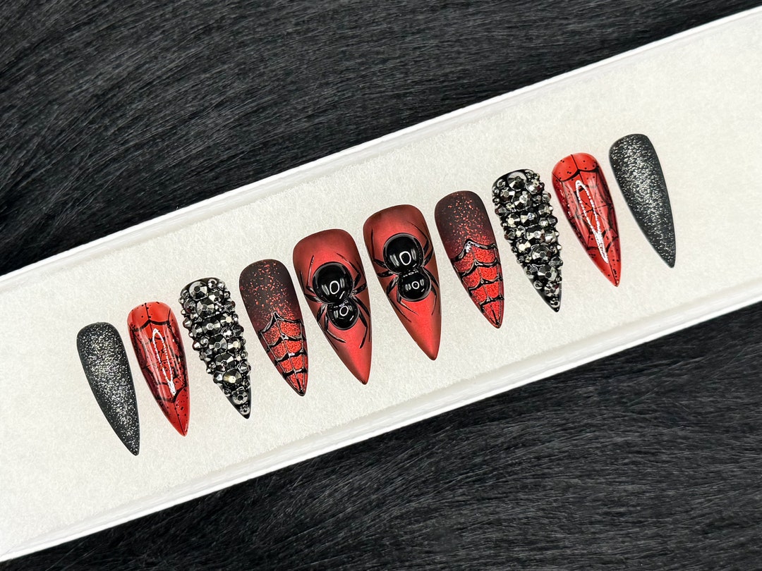 Gothic Spider Press on Nails | Edgy Red and Black Spiderweb Custom ...