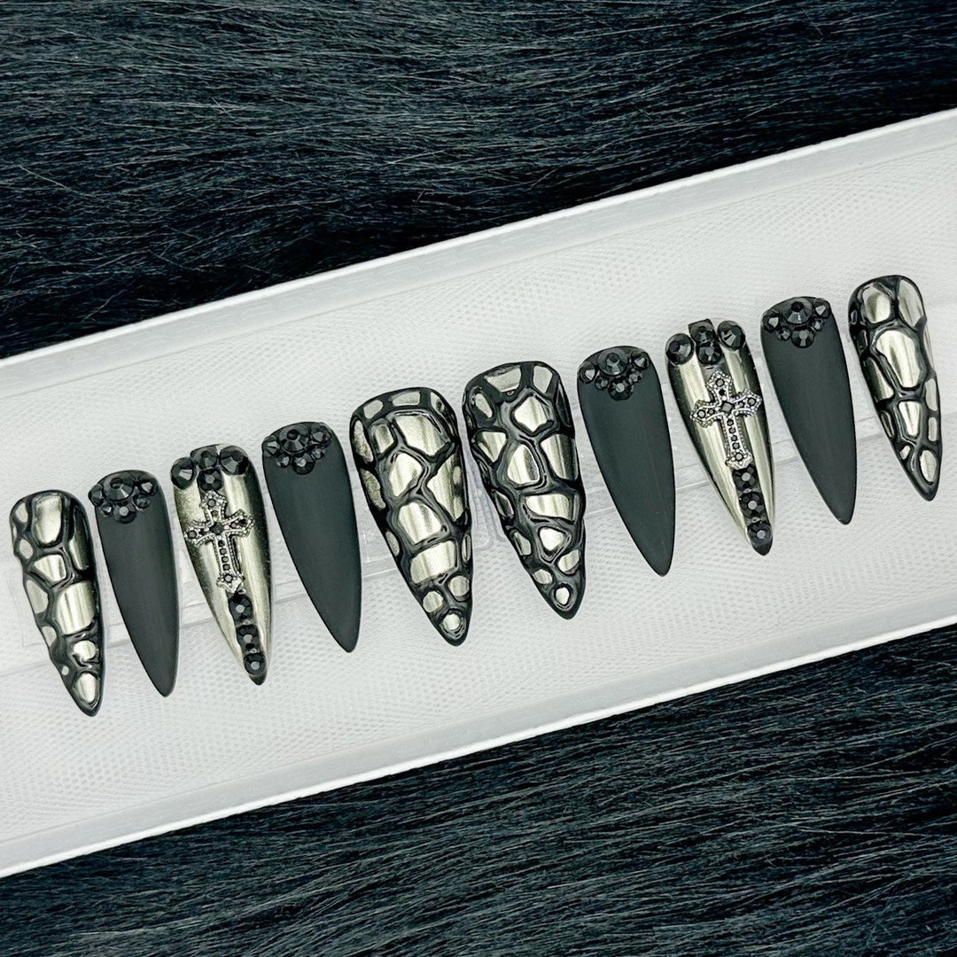 Gothic Press on Nails | Custom Shape / Size Silver Chrome and Black Glue on Nails | Edgy Cross ...