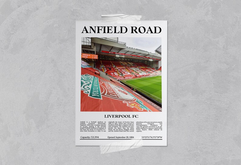 Anfield Poster, Liverpool Poster, Soccer Fans, Premier League Stadium ...