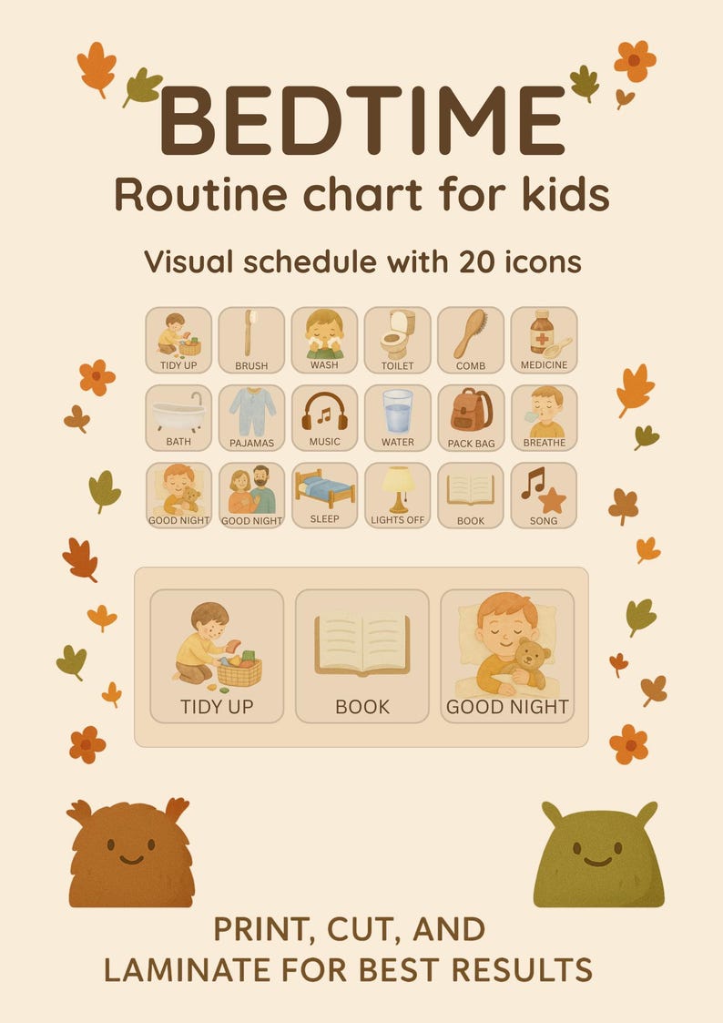 Bedtime Visual Schedule for Kids – Toddler Routine Chart With 20 Icons ...