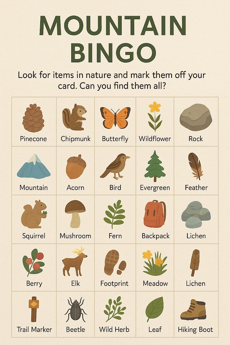 Mountain Bingo Printable for Kids | Outdoor Nature Scavenger Hunt ...