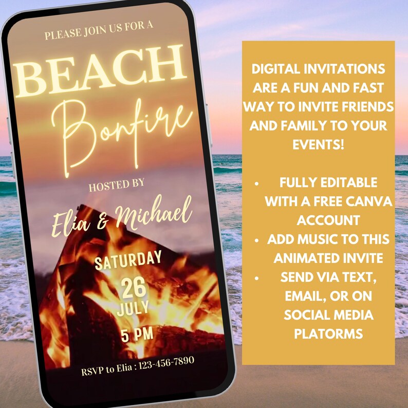 Animated Beach Bonfire Invitation: Editable Summer Party Invite ...