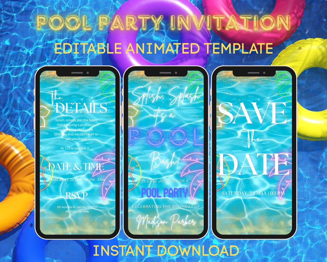 Animated Pool Party Invitation: Editable Mobile Invite (digital ...