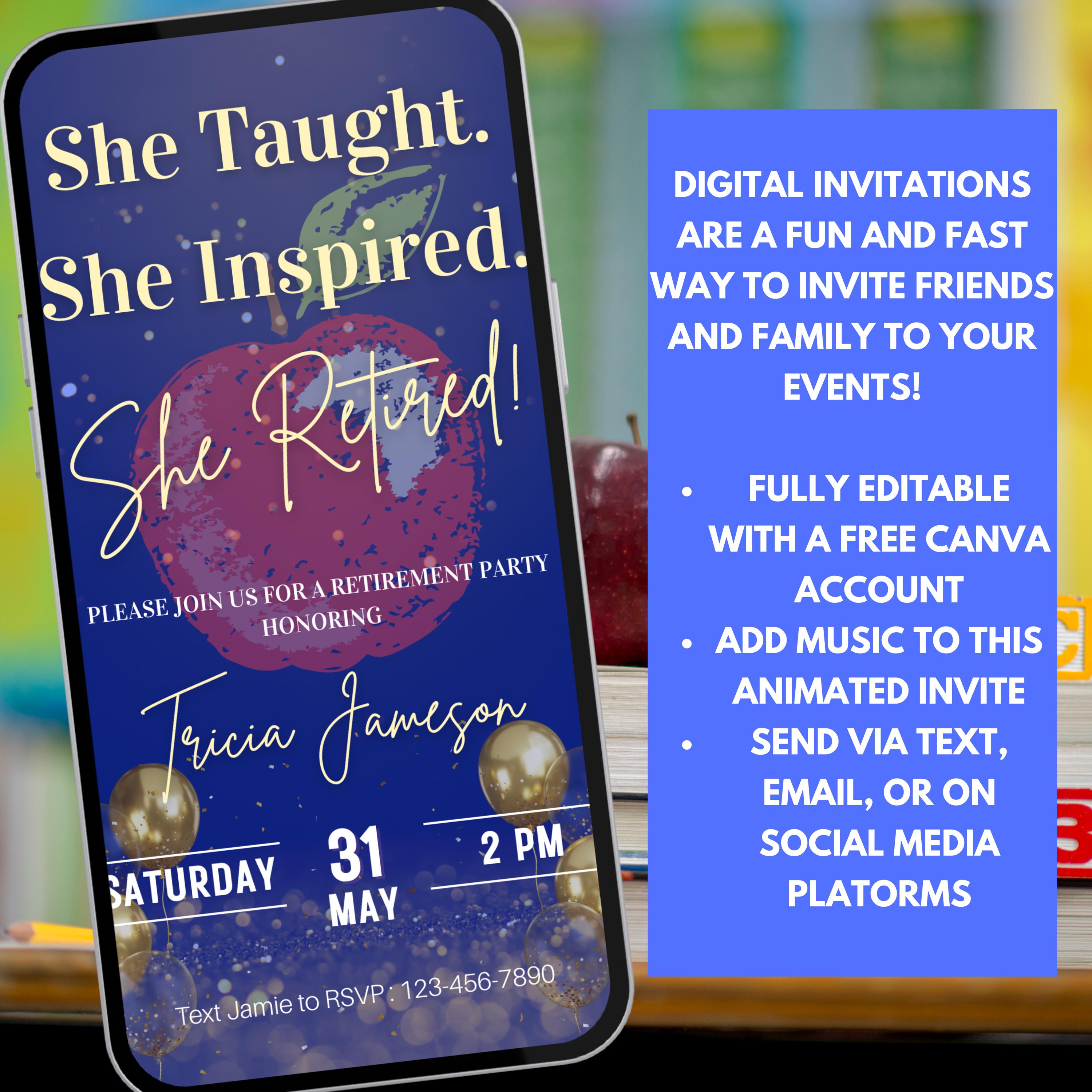 Digital Teacher Retirement Party Invitation | Editable Canva Video ...