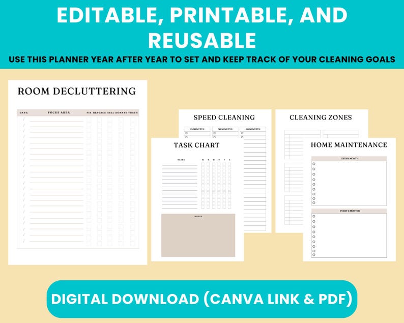 Printable Cleaning Planner: Editable Declutter Journal (digital ...