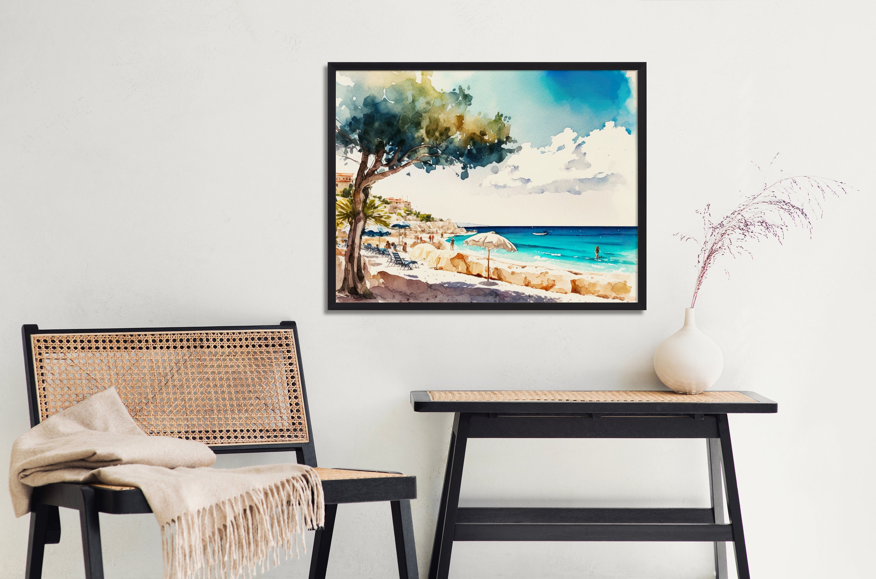 Mediterranean Beach Watercoloring Painting Sunny Beaches Vibrant Colors ...