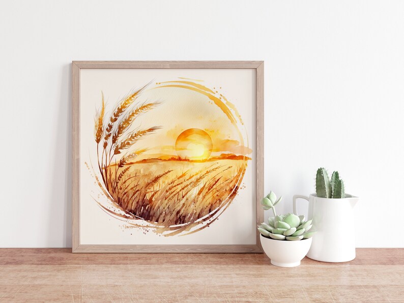 Golden Fields Watercolor Painting Wheat Field Print Artwork Sunset ...